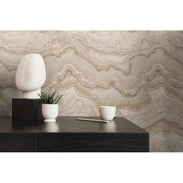 Livingwalls living walls Vliestapete &raquo;Stories of Life Malachit Marmoroptik Vliestapete Beige Gold&laquo; abstrakt gl&auml;nzend organisch gepr&auml;gt Metallic Tapete Steinoptik 