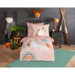 Good Morning Kinderbettw&auml;sche &raquo;Unidance&laquo; 2 Stk. Biber, 135x200, Warm, Weich, Wende, Rei&szlig;verschluss, Kind, Einhorn Rosa rosa Biber, Obermaterial: 100% 