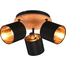 REALITY LEUCHTEN Deckenstrahler &raquo;Tommy&laquo; E14 1 Stk. warmwei&szlig; - kaltwei&szlig; 3er Spot Holzoptik schwenkbar Stoffschirm schwarz+gold, exkl 3xE14 28W braun 3,