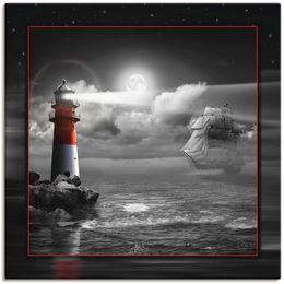 Artland Leinwandbild &raquo;Leuchtturm und Segelschiff im Mondschein&laquo; K&uuml;ste 1 Stk. tlg. auf Holzrahmen gespannt schwarz Leinwand B/H/T: 70cm x 70cm, Leinwandbild 