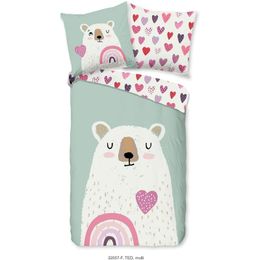 Good Morning Kinderbettw&auml;sche &raquo;Ted&laquo; 2 Stk. Flanell, Biber, 135x200, Warm, Wende, Kind, B&auml;r, Eisb&auml;r, minzgr&uuml;n rosa Flanell, Obermaterial: 100% 