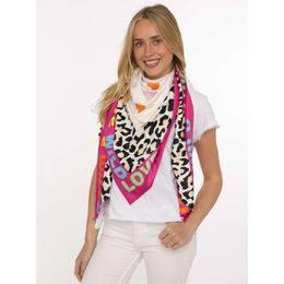 Zwillingsherz Damen Dreieckstuch &raquo;"Wild Love"&laquo; farbenfroh, Leo-Design mit "LOVE" Schriftzug, gl&auml;nzende Oberfl&auml;che Einheitsgr&ouml;&szlig;e