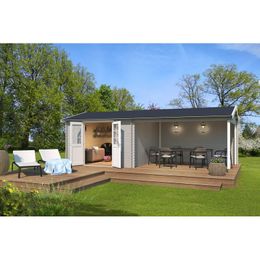 Lasita Maja Gartenhaus &raquo;Amarillo&laquo; Blockbohlenhaus 28mm mit Anbau grau Massivholz ohne Fu&szlig;boden, R&uuml;ckwand, ohne Dacheindeckung