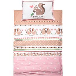 Adelheid Kinderbettw&auml;sche &raquo;Zuckers&uuml;&szlig; Eichh&ouml;rnchen&laquo; abgepasstes Kissen mit Eichh&ouml;rnchen rosa Biber, Obermaterial: 100% Baumwolle B/L: 100cm x 135cm, 1 