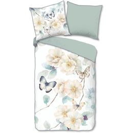 Descanso Wendebettw&auml;sche &raquo;Adiwanya&laquo; 3 Stk. Satin, Rei&szlig;verschluss, Paspel, Biese, Wendeoptik, Luxe, Blumen, wei&szlig; gr&uuml;n Renforc&eacute;, Obermaterial: 100% Baumwolle B/L