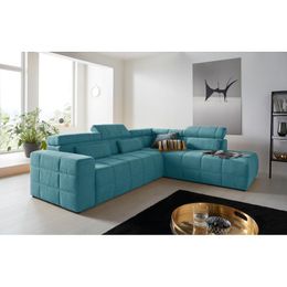 DOMO collection Ecksofa &raquo;BRANDON bequem, Breite 275cm, L-Form, auch in Leder&laquo; inklusive Kopfteilverstellung, wahlweise mit Sitztiefenverstellung blau 