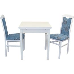 HOFMANN LIVING AND MORE Essgruppe &raquo;Berta&laquo; Spar-Set, 1 Tisch, 2 St&uuml;hle, 3 Stk. tlg. blau Massivholz B/H/T: 45cm x 95cm x 48cm, Stoff, Ansteckplatten, 