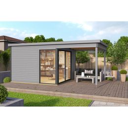 Lasita Maja Gartenhaus &raquo;DOMEO 2&laquo; mit Dachverl&auml;ngerung grau Massivholz Fu&szlig;boden im Gartenhaus, ohne R&uuml;ck- und Seitenwand, ohne Dacheindeckung