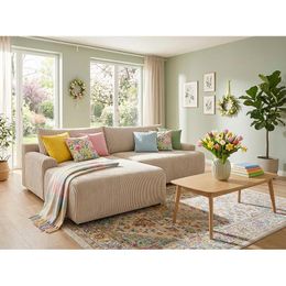 Trendmanufaktur Ecksofa &raquo;Prag, Schlafsofa mit Bettkasten, Couch in L-Form, Breite 253 cm&laquo; in Cordstoff HYPER, cream, Recamiere links beige 92%
