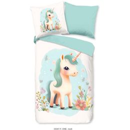 Good Morning Kinderbettw&auml;sche &raquo;One&laquo; 2 Stk. Flanell, Biber, 135x200, Warm, Wende, M&auml;dchen, Einhorn, Wei&szlig;, T&uuml;rkis blau Flanell, Obermaterial: 100% 