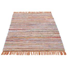 CarpetFine Teppich &raquo;Kelim Chindi, Wendeteppich&laquo; rechteckig 6 mm H&ouml;he handgewebt, Fleckerlteppich mit Fransen, auch vielen in L&auml;ufergr&ouml;&szlig;en orange 