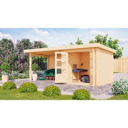 Karibu Gartenhaus &raquo;Schlo&szlig;see 2&laquo; mit Anbaudach und R&uuml;ckwand beige Holzwerkstoff ohne Fu&szlig;boden, R&uuml;ckwand, ohne Dacheindeckung