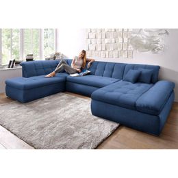 DOMO collection Wohnlandschaft &raquo;MORIC Massiv! - Belastbar bis 140 kgxSitz, 353x216x80 cm, XXL&laquo; U-Form, inkl. Zierkissen blau Chenille (85% Polyester, 