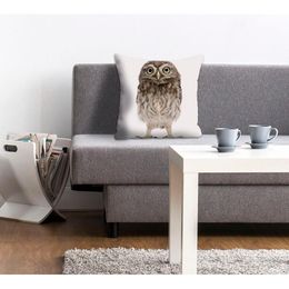 queence Dekokissen &raquo;Kelly&laquo; Kissenh&uuml;lle,Wei&szlig;er Hintergrund,Eule,Tiermotiv,Niedlich,Zart grau Polyester B/L: 40cm x 40cm, 1 Stk.