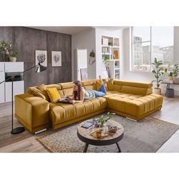 Die PlanBar Ecksofa &raquo;MP-IN15053 L-Form breiter Schenkel&laquo; wahlweise mit Kopfteilverstellung und manueller Vorziehbank gelb B/H/T: 323cm x 73cm x 222cm,