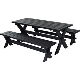 Plus Garten-Essgruppe &raquo;&raquo;Nostalgi&laquo; Plankengarnitur&laquo; 3 Stk. tlg. bestehend aus: Tisch und 2 B&auml;nke schwarz B/H/T: 181cm x 72cm x 177cm