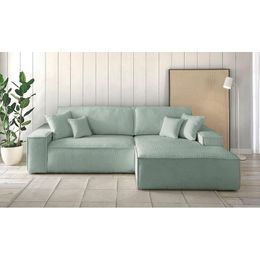 OTTO home Ecksofa &raquo;FINNLEY Boucl&eacute;, L-Form 257 cm, Schlafsofa&laquo; mit Bettkasten, in Boucl&eacute;, Struktur fein und Mega Cord gr&uuml;n Bezugstoff aus 90% 