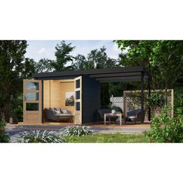Karibu Gartenhaus &raquo;Jupiterino 2 SET, in verschiedenen Farben&laquo; inkl. Anbaudach, Made in Germany schwarz Massivholz ohne Fu&szlig;boden, Blechdach