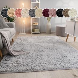 Paco Home Hochflor-Teppich &raquo;Silky 591&laquo; rechteckig 37 mm H&ouml;he Uni-Farben, besonders weich und kuschelig, Wohnzimmer silber Polyester B : 140cm 1 Stk., 37mm, L: 