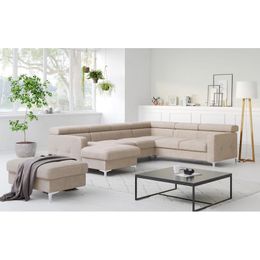 COTTA Wohnlandschaft &raquo;Sammy U-Form, B: 304 cm&laquo; Kopfteilverstellung, optional Schlaffunktion & Bettkasten grau NaturLEDER , die R&uuml;ckseite ist mit 