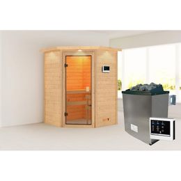 Karibu Sauna &raquo;"Anni" mit bronzierter T&uuml;r und Kranz SET, naturbelassen, mit Ofen 9 kW&laquo; aus hochwertiger nordischer Fichte braun Saunaofen, externe Steuerung, 