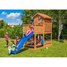Fungoo Spielturm &raquo;My HOUSE Free Time Beach&laquo; mit Schaukel & Rutsche, Spielhaus, Sandkasten, Picknick-Tisch braun Holz, Metall, Polyethylen 