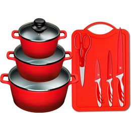 King Topf-Set &raquo;ALUGUSS&laquo; Set, je 1 Kochtopf mit Deckel 16/20/24 cm, Schneidebrett mit Messerset, 11 Stk. tlg. Aluminiumguss rot Einheitsgr&ouml;&szlig;e
