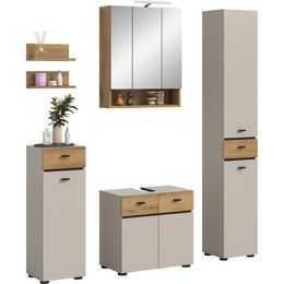 Welltime Badm&ouml;bel-Set &raquo;VANN, 6-teilige moderne Badkombination, inkl. Beleuchtung&laquo; Midischrank, 2er Set Wandregal, WBU, Spiegelschrank, Hochschrank, 6 