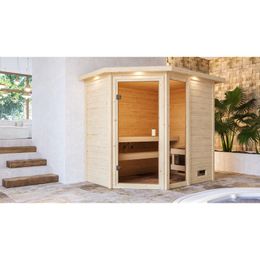 Karibu Sauna &raquo;"Josie" mit bronzierter T&uuml;r und Kranz, naturbelassen&laquo; aus hochwertiger nordischer Fichte beige ohne Ofen, ohne Steuerung, (ohne Ofen)
