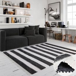OTTO home Teppich &raquo;Benja&laquo; rechteckig 10 mm H&ouml;he Handweb Teppich, gestreift, 90% Baumwolle, handgewebt, mit Fransen schwarz Baumwolle, Polyester B : 