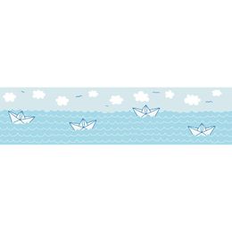 A.S. Cr&eacute;ation Bord&uuml;re &raquo;Paper Boat Love&laquo; Motiv abstrakt naturalistisch glatt Papier Wand Schr&auml;ge T&uuml;r Borte Wohnzimmer Schlafzimmer K&uuml;che Design blau Papier B/L: 