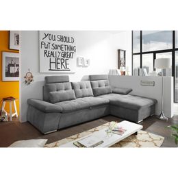 ED EXCITING DESIGN Ecksofa &raquo;Nalo L-Form&laquo; mit Bettfunktion, Armteilverstellung, Kopfst&uuml;tzen & 2 Nierenkissen grau 95% Polyester, 5% Nylon B/H/T: 268cm 