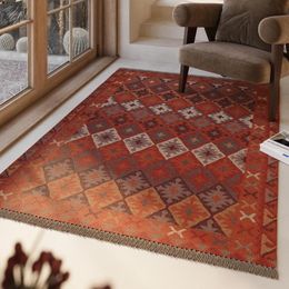 Wollteppich &raquo;Pierre&laquo; rechteckig 5 mm H&ouml;he Fransen, Kelim, handgewebt, Natur, Wohnzimmer, Schlafzimmer, Ethno rot Wolle B : 300cm 1 Stk., 5mm, L: 400cm