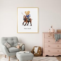 queence Bild mit Rahmen &raquo;Polo Club Teddy B&auml;r auf Pferd&laquo; B&auml;r B&auml;ren Fashion Figuren Mode Modebilder Pferde Pferdebilder Reitbilder Schriftzug HD Premium