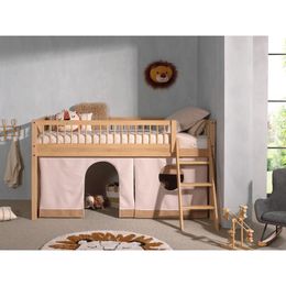 Vipack Spielbett Made in Europe, aus Eiche ge&ouml;lt, LF 90x2000cm, RR, Leiter, Vorhang u. Absturzschutz braun Textil-Set Vorhang 100% Baumwolle Liegefl&auml;che 