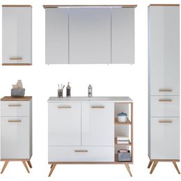 Badm&ouml;bel-Set &raquo;Quickset Mineralmarmor-Waschtisch mit LED-Spiegelschrank&laquo; 6 Stk. tlg. wei&szlig; Glas, Holzwerkstoff B/H/T: 186cmcm x 46cmcm