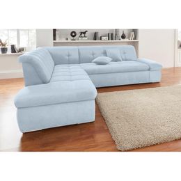 DOMO collection Ecksofa &raquo;NMORIC inkl. Zierkissen 273x216x80 cm L-Form&laquo; Ottomanen-Abschluss, wahlweise mit Bettfunktion und Armlehnverstellung blau 