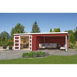 Lasita Maja Gartenhaus &raquo;New Orleans&laquo; Blockbohlenhaus 28mm mit Anbau rot Massivholz ohne Fu&szlig;boden, R&uuml;ckwand, ohne Dacheindeckung