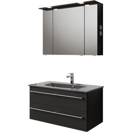 Badm&ouml;bel-Set &raquo;Serie 6025 2-teilig Mineralmarmor-Waschtisch mit LED-Spiegelschrank&laquo; 2 Stk. tlg. schwarz Holzwerkstoff B/H/T: 97cmcm x 200cmcm x 48cmcm,
