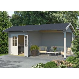 Lasita Maja Gartenhaus &raquo;Kenzo 300&laquo; Blockbohlenhaus 34mm mit Anbau grau Massivholz Fu&szlig;boden im Gartenhaus, R&uuml;ckwand, ohne Dacheindeckung