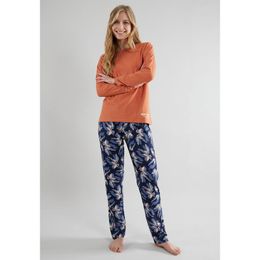 Tom Tailor Damen Tom Tailor Pyjama &raquo;Manila&laquo; 2 tlg. mit Muster, Langarm, Rundhalsausschnitt, lange Hose, Baumwollmix blau 46 (XXXL)