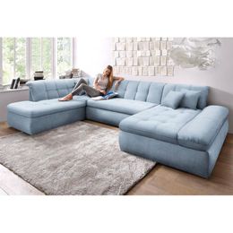DOMO collection Wohnlandschaft &raquo;MORIC Massiv! - Belastbar bis 140 kgxSitz, 353x216x80 cm, XXL&laquo; U-Form, inkl. Zierkissen blau Chenille (85% Polyester, 