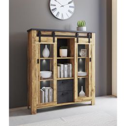 Home Affaire Highboard &raquo;York, moderner Hochschrank, Vitrine in Hunton Oak, Industrialdesign&laquo; mit Scheunentorbeschl&auml;gen & Apothekergriffen aus Metall, 