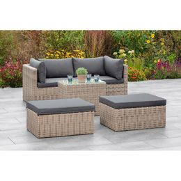 Merxx Garten-Essgruppe &raquo;Licosa&laquo; 5 Stk. tlg. 2 Sessel, 2 Hocker, Tisch, mit Auflagen, naturgrau beige B/H/T: 87cm x 63,5cm x 68cm, Multifunktionsset