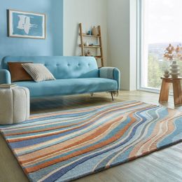 FLAIR RUGS Wollteppich &raquo;Abstract Flow handgetuftet&laquo; rechteckig 10 mm H&ouml;he Wolle, Teppich, Wohnzimmer, Schlafzimmer, Esszimmer blau Wolle B : 160cm 1 