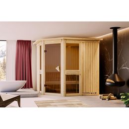 Karibu Sauna &raquo;"Agneta 2" mit Kranz, naturbelassen&laquo; aus hochwertiger nordischer Fichte braun Saunaofen, integrierte Steuerung, 400 kW