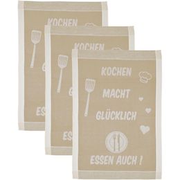 Ross Geschirrtuch &raquo;Kochen macht gl&uuml;cklich... Essen auch&laquo; Spr&uuml;chetuch, aus 100% Baumwolle beige 100% Baumwolle 3 Stk., 100 % Baumwolle