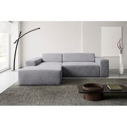 WERK2 Ecksofa &raquo;Zeus-L 253 cm breit, bequemes Cord-Sofa in L-Form, urbanes Design&laquo; Organische curvy-trend Couch mit gro&szlig;er Komfort-Ottomane grau 92% 
