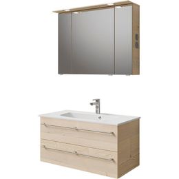 Badm&ouml;bel-Set &raquo;Serie 6025 2-teilig Mineralmarmor-Waschtisch mit LED-Spiegelschrank&laquo; 2 Stk. tlg. braun Holzwerkstoff B/H/T: 97cmcm x 200cmcm x 48cmcm, 