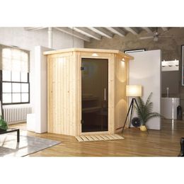 Karibu Sauna &raquo;&raquo;Liyah&laquo; mit graphitfarbene T&uuml;r und Dachkranz&laquo; in verschiedenen Ausf&uuml;hrungen erh&auml;ltlich beige ohne Ofen, ohne Steuerung, (ohne Ofen)